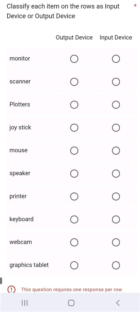 classify each item on the rows as input device or output device monitor