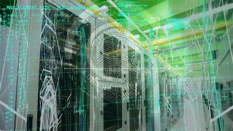 animation of fingerprint scan and data processing over server room