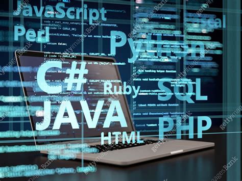 All Programming Languages with Computer Code and Laptop. Java Python HTML SQL PHP Ruby ...