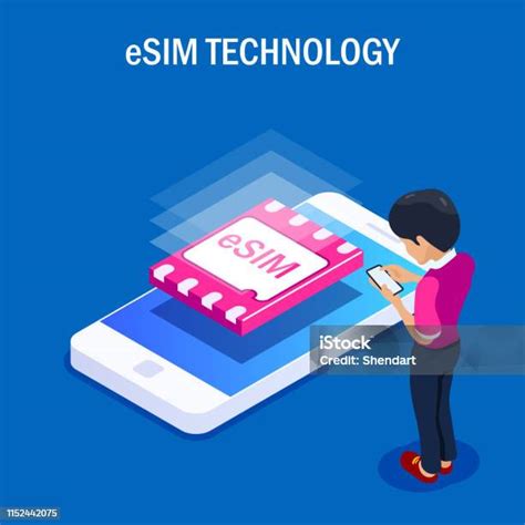 Esim 카드 칩 기호입니다 임베디드 Sim 개념입니다 새로운 모바일 통신 기술 사람들은 휴대 전화를 사용 합니다 웹 배너 인포