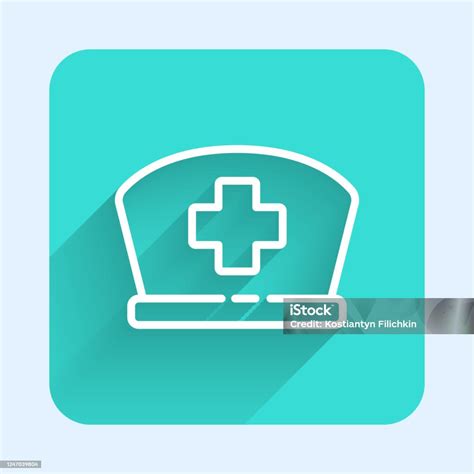 긴 그림자로 고립 된 크로스 아이콘흰색 선 간호사 모자 의료 간호사 모자 기호입니다 녹색 사각형 버튼입니다 벡터 일러스트레이션