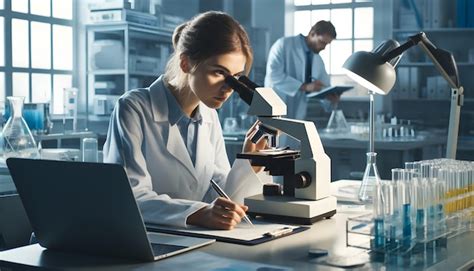 Scientist Analyzing Samples Under Microscope In Lab Premium Ai