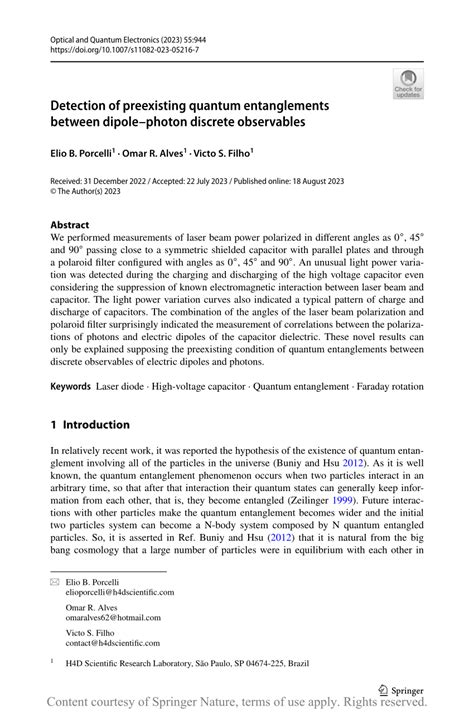 Pdf Detection Of Preexisting Quantum Entanglements Between Dipole Photon Discrete Observables