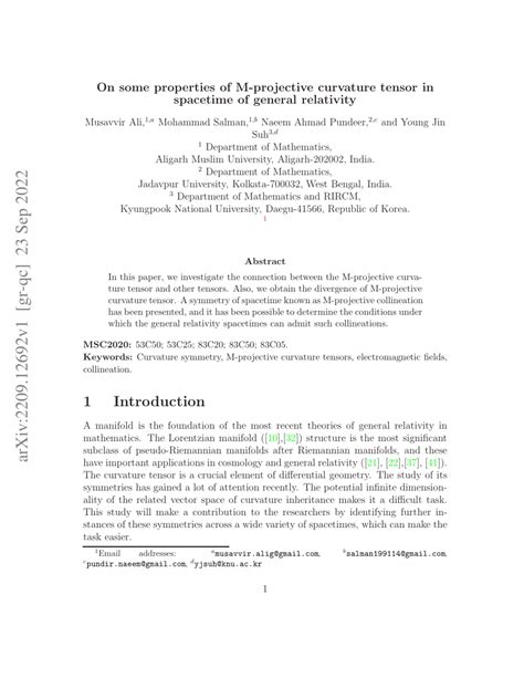 Pdf On Some Properties Of M Projective Curvature Tensor In Spacetime Of General Relativity