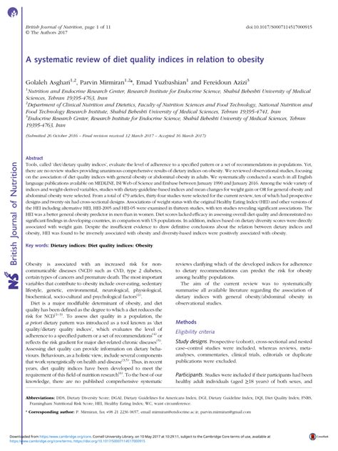 Pdf A Systematic Review Of Diet Quality Indices In Relation To Obesity