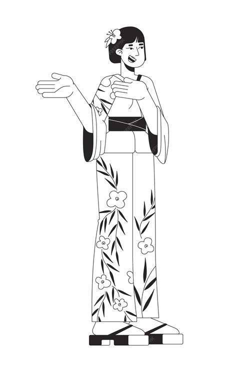 유카타를 입은 미소 짓는 일본 여성 흑백 2d 라인 만화 캐릭터 프리미엄 벡터