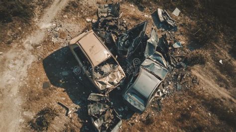 Damaged Car The Wreckage Left Behind From A Crash With Dented Panels And Broken Headlights