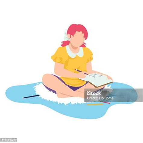 어린 십 대 소녀는 바닥에 앉아 연필로 아쿠아렐 그림을 그리고 여자는 흰색으로 격리된 개인 일기 만화 벡터 삽화를 씁니다 교육에