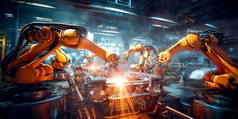 Industrial Robots Assembling And Welding Components On A Production Line Generative Ai Stock