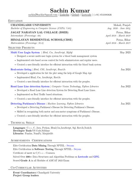 Sachin Kumar 20bcs5305 Resume 2 Pdf Java Script Usability