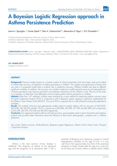 Pdf A Bayesian Logistic Regression Approach In Asthma Persistence Prediction