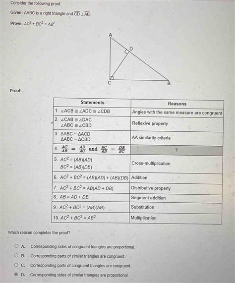 Solved Consider The Following Proof Given Abc Is A Right Triangle