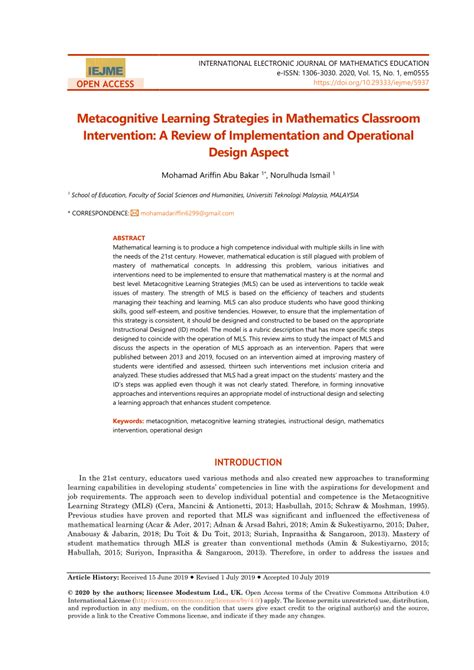 Pdf Metacognitive Learning Strategies In Mathematics Classroom