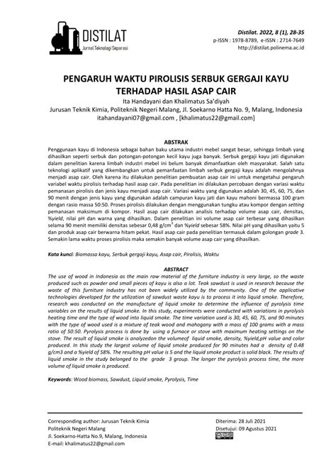 Pdf Pengaruh Waktu Pirolisis Serbuk Gergaji Kayu Terhadap Hasil Asap Cair