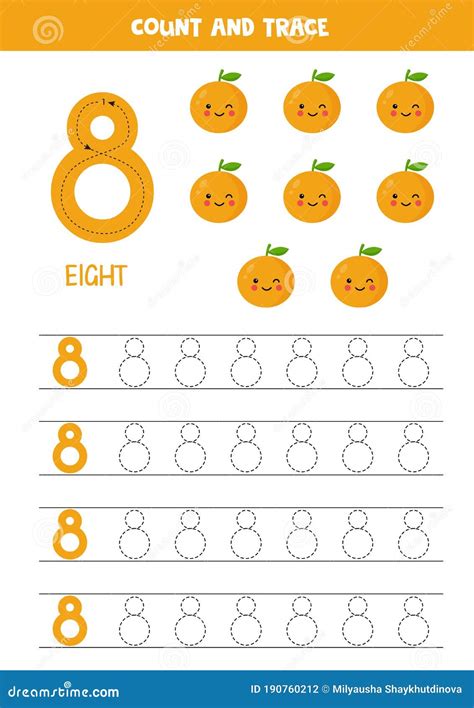 Worksheet For Learning Numbers With Cute Kawaii Oranges Number 8 Stock Vector Illustration