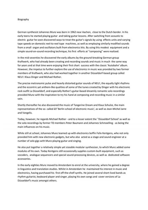 Biography German Synthesist Johannes Munz Was Born In 1962