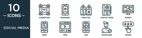 소셜 미디어 개요 아이콘 세트에는 얇은 선 연결 가격 태그 검색 보기 블록 사용자 등급 보고서 용 비디오 아이콘 프리젠 테이션 다이어그램 웹 디자인이 포함됩니다 0명에 대한