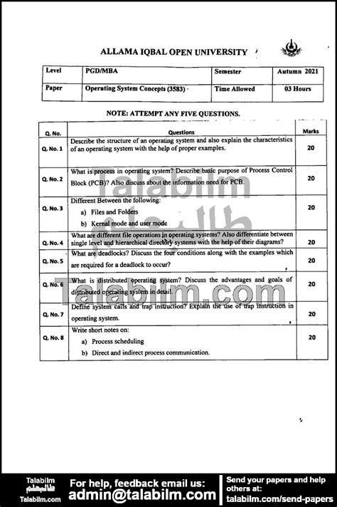 Operating Systems Concepts Code No 3583 Autumn 2021 Past Papers Aiou Talabilm