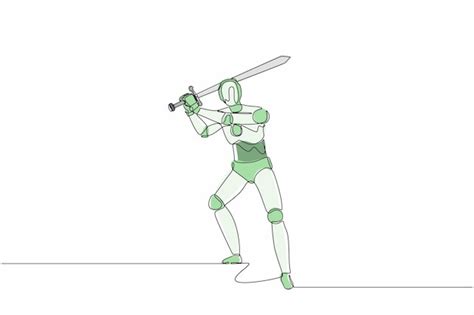 Premium Vector Continuous One Line Drawing Robots Standing And Swinging Big Sword Gestures