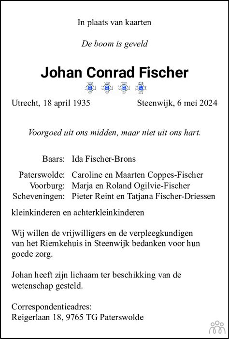 Johan Conrad Fischer 06 05 2024 Overlijdensbericht En Condoleances