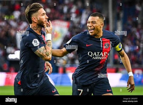 Sergio Ramos Of Psg Celebrate His Goal With Kylian Mbappe Of Psg During
