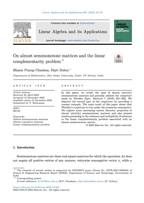 Pdf On Almost Semimonotone Matrices And The Linear Complementarity Problem