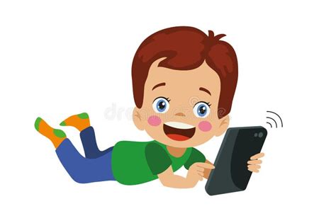 Happy Cute Boy Playing With His Phone Lying Down Stock Vector