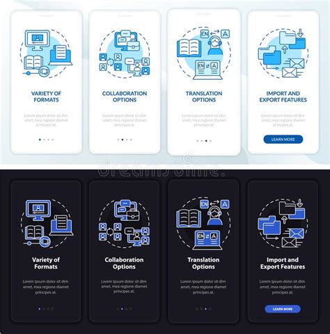 Elearning Platform Feature Night Day Mode Onboarding Mobile App Screen Stock Vector