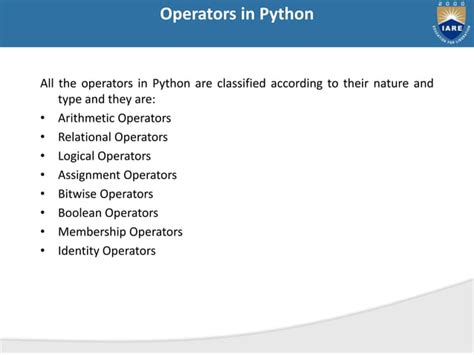 Operators in Python Arithmetic Operators | PPTX | Programming Languages | Computing