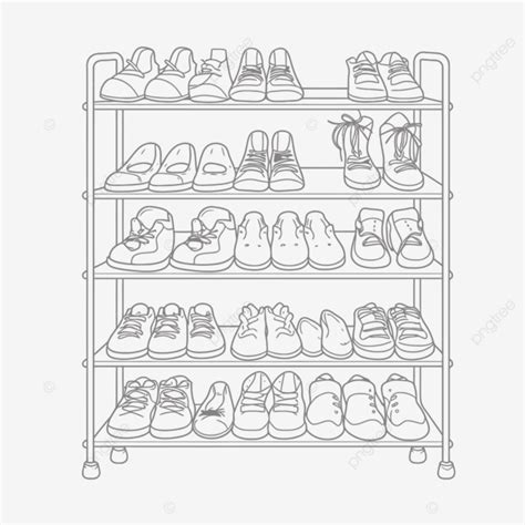 흰색 배경 개요 스케치 드로잉에 신발 선반이 있는 색칠 페이지 벡터 신발장 도면 신발장 개요 신발장 스케치 Png