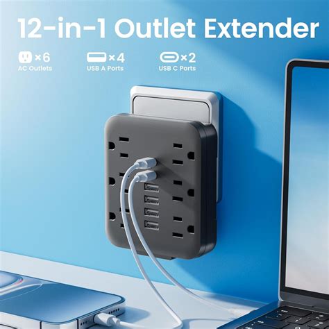 Pyyan Multi Plug Wall Outlet Extender With Usb Ports 6 Ac Outlets 6