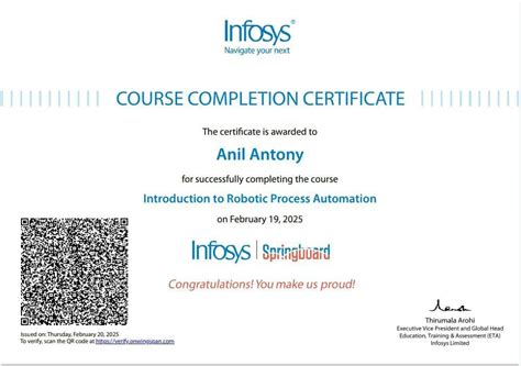 Infosys Springboard Certificate Introduction To Rpa Anil Antony