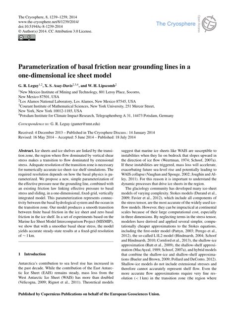 Pdf Parameterization Of Basal Friction Near Grounding Lines In A One