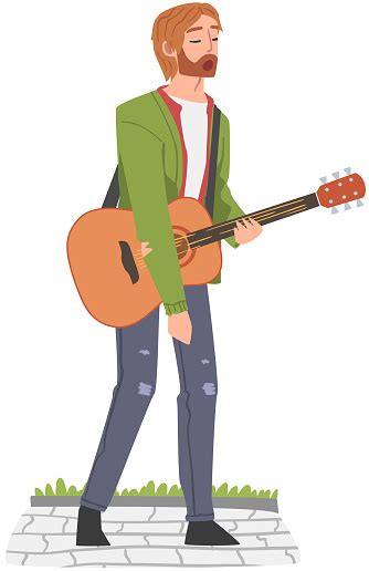 어쿠스틱 기타를 연주하는 스트리트 남성 뮤지션 라이브 퍼포먼스 컨셉 만화 스타일 벡터 일러스트레이션 거리에 대한 스톡 벡터 아트 및 기타 이미지 Istock