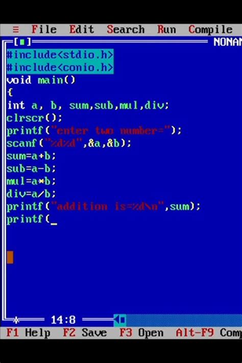 c program to perform add sub mul div of two number in turbo c