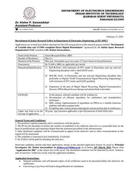 Jrf Position Available With Me Kishor Sarawadekar