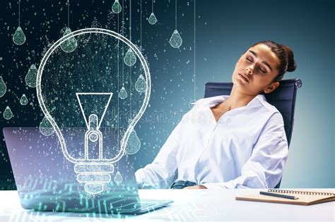 Businesswoman Sleeping At Desk With Glowing Digital Lightbulb And Binary Code Symbolizing