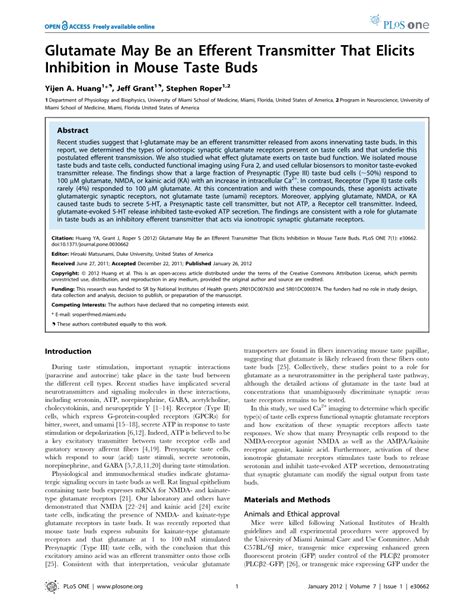 Pdf Glutamate May Be An Efferent Transmitter That Elicits Inhibition In Mouse Taste Buds
