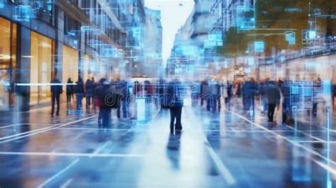 illustration of neural network ai and data processing in a busy city