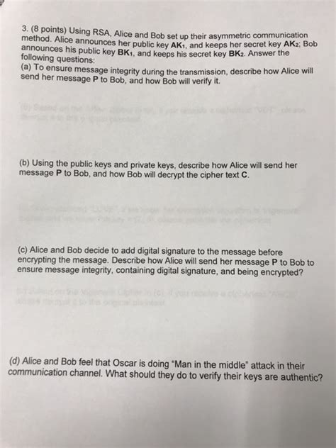 Solved 3 8 Points Using Rsa Alice And Bob Set Up Thei