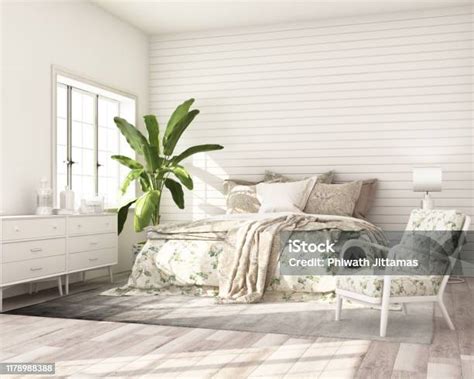 목업 침실 흰색 나무 벽 캐비닛 침대와 안락 의자가있는 현대적인 클래식 스타일 3d 렌더링 0명에 대한 스톡 사진 및 기타