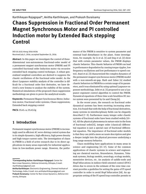 Pdf Chaos Suppression In Fractional Order Permanent Magnet Synchronous Motor And Pi Controlled