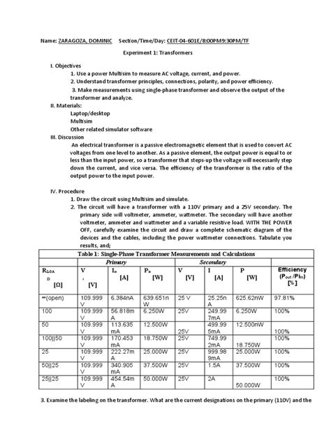 Zaragoza Dominic Ee07l Tf Experiment 1 Pdf Transformer Electrical Network