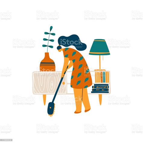 여자 청소 실입니다 걸레로 바닥을 걸레질 평면 만화 벡터 일러스트레이션입니다 가사 집안일에 대한 스톡 벡터 아트 및 기타 이미지