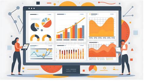 Vector Illustration Of Business Data Analysis Financial Report And Statistics On Computer