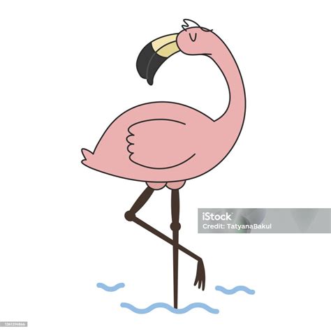 한 쪽 다리에 물 위에 서 귀여운 만화 플라밍고 재미있는 분홍색 플라밍고 자고 휴식을 취합니다 벡터 클립 아트 일러스트레이션을 2d로 합니다 손으로 그린 심플한 스타일