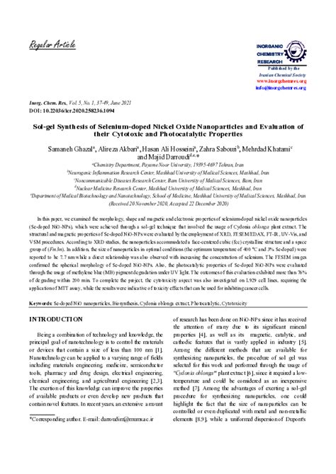 Pdf Sol Gel Synthesis Of Selenium Doped Nickel Oxide Nanoparticles And Evaluation Of Their
