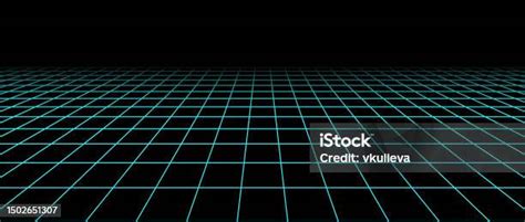 네온 블루 플랫 와이어프레임 그리드 사라지는 바둑판 무늬 바닥 풍경 수평 체스판 평면이 원근감 있게 희미해집니다 흑백 격자 표면 배경입니다 추상 벡터 그림 질감에 대한 스톡