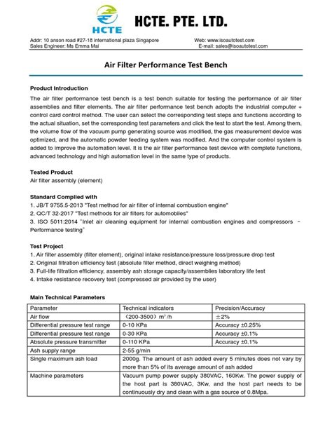 Air Filter Performance Test Bench Specification Hcte 20221028 Pdf