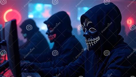 Hackers Cyberpunk Black Hat Criminals Masks Using Computers Cyber Crime Theft Stock Illustration